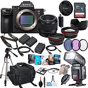 Sony a7 III Mirrorless Camera Bundle - ILCE7M3/B with FE 50mm f/1.8 Lens + Prime Accessory Package Including 128GB Memory, TTL Flash, Extra Battery, Software Package, Auxiliary Lenses & More