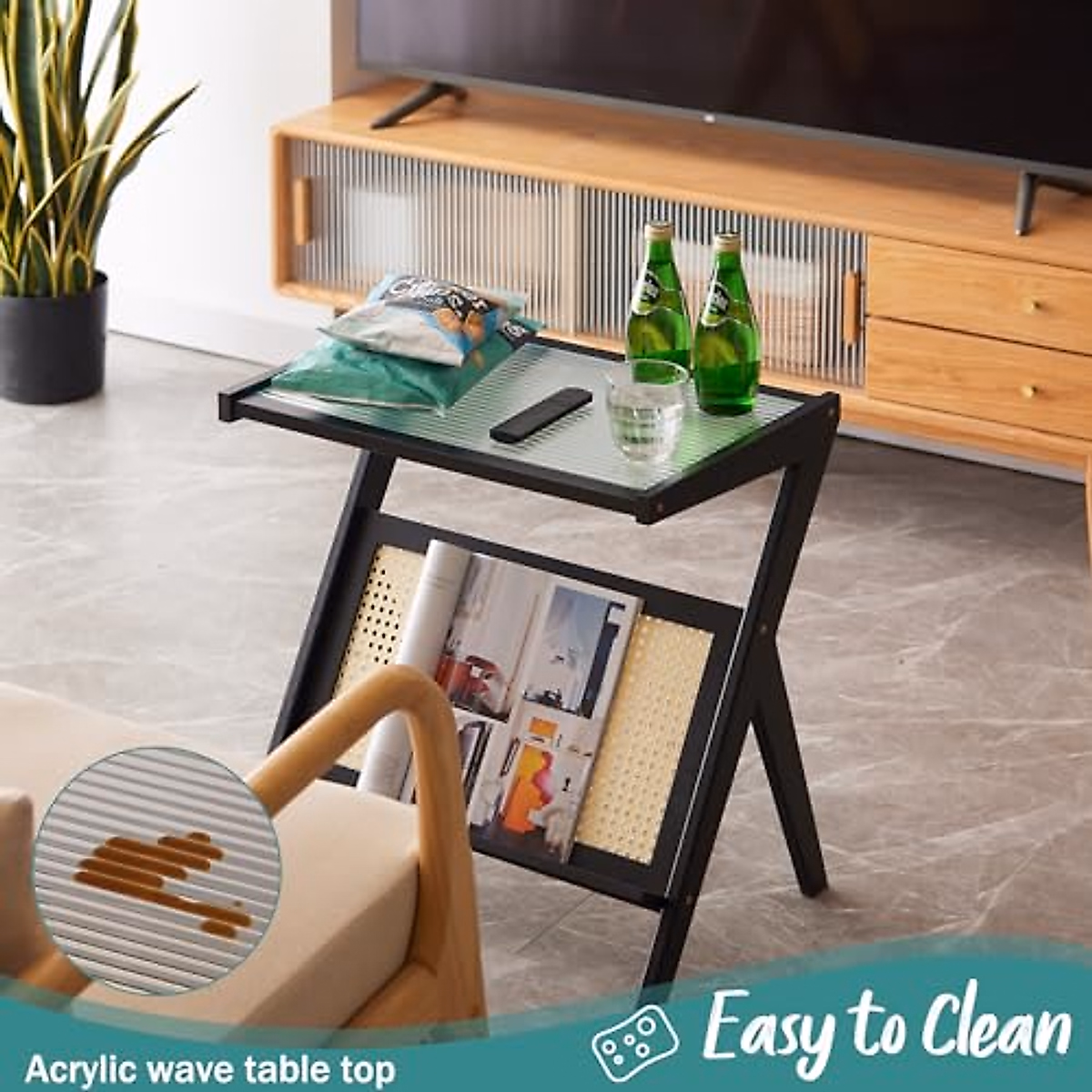 viewcare Black Side Table, Bamboo Wood Small Side Tables for Living Room & Bedroom, Sofa Table with Acrylic Wavy Panel for Small Spaces, Night Stand Table for Bedroom