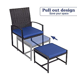 5-Piece Wicker Outdoor Conversation Sets Patio Furniture PE Rattan All Weather Cushioned Chairs Bistro Set with Ottoman and Glass Coffee Side Table for Balcony Porch, Dark Blue