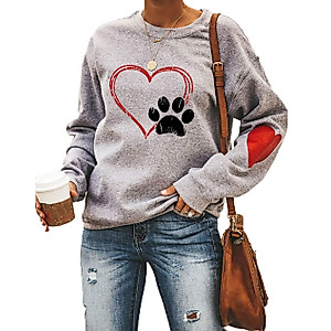 Love Heart Dog Paw Print Sweatshirts Women Long Sleeve Pullover Tops Casual Blouse Mother's Day Gray X-Large