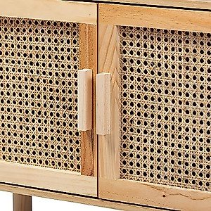 Baxton Studio Faulkner Mid-Century Modern Natural Brown Finished Wood and Rattan 2-Door Bookcase