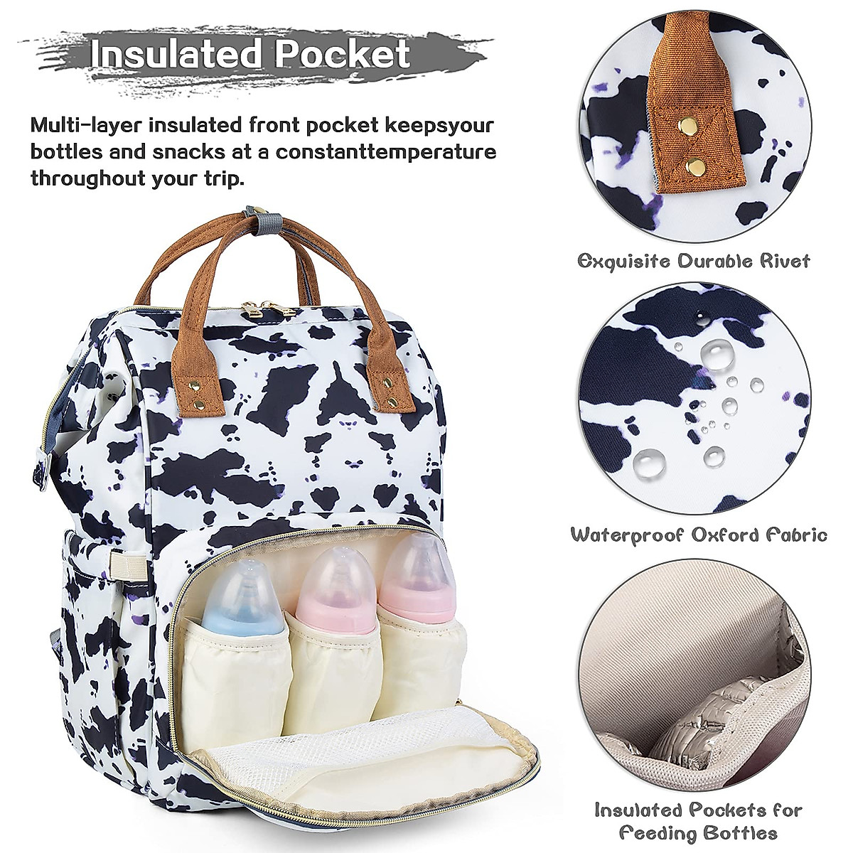 LIMHOO 4 in 1 Diaper Bag Backpack Set for Baby Girls Mom Large Capacity Waterproof Baby Care Bag Multi-Function Nappy Bag (Cow)