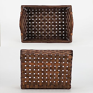 Rectangular Wooden Basket, Natural Hand Woven Storage Basket with Handles for Sundries Toys Fruits (Dark Brown)