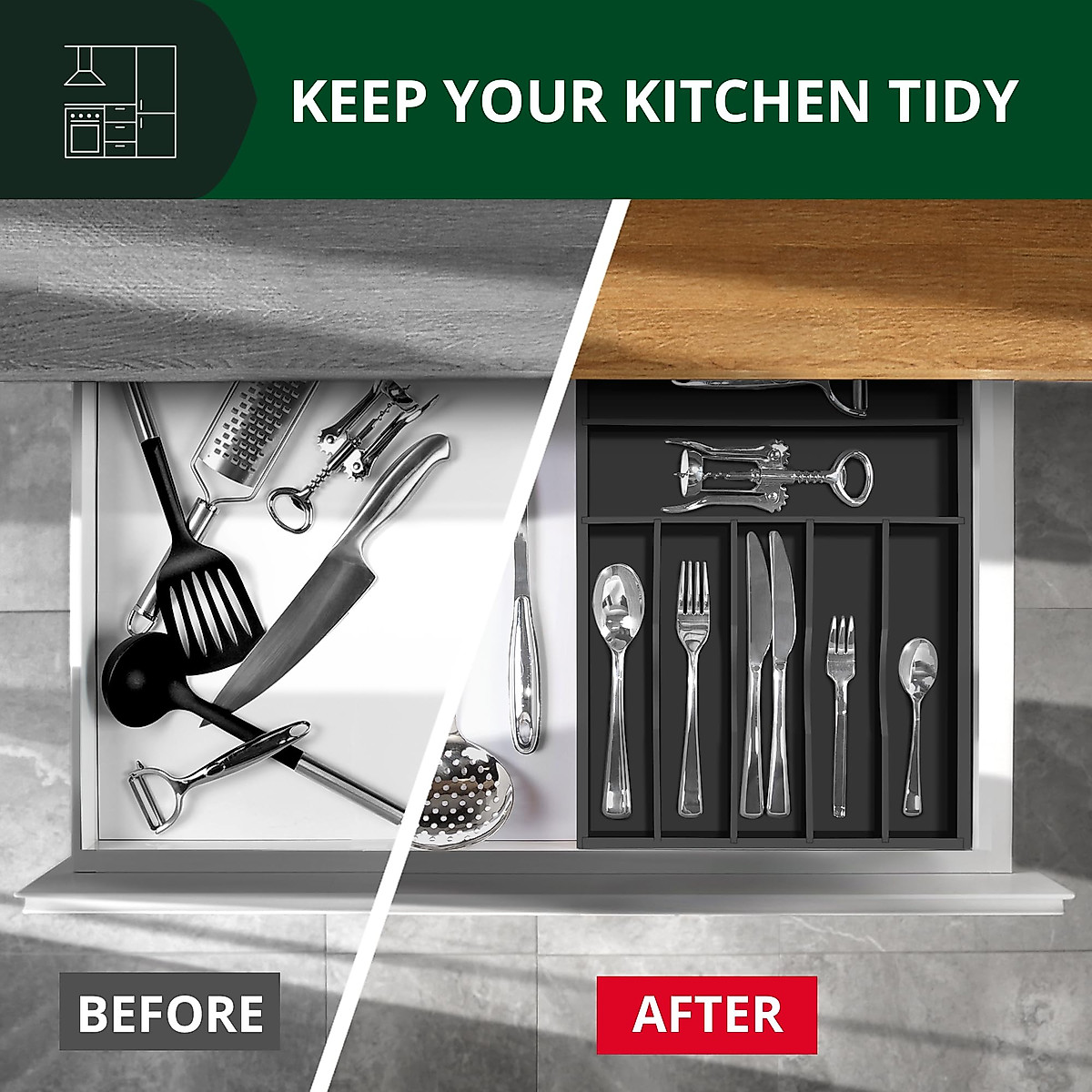 ROYAL CRAFT WOOD Bamboo Kitchen Drawer Organizer - Silverware Organize and Cutlery Tray with Grooved Drawer Dividers for Flatware and Kitchen Utensils (7 Slot, Black)