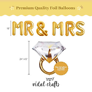 Vidal Crafts Gold Engagement Party Decorations - White & Gold Decor with Engaged Banner, Mr and Mrs Balloons, Latex Heart Confetti Balloons, Engagement Ring - Gold Themed Engagement Decorations