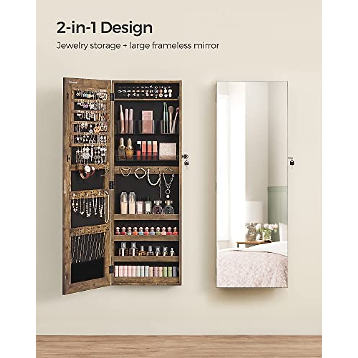 SONGMICS Jewelry Cabinet Armoire, Lockable Wall-Mounted Storage Organizer Unit with 2 Plastic Cosmetic Trays, Full-Length Frameless Mirror, Textured Brown UJJC001X01