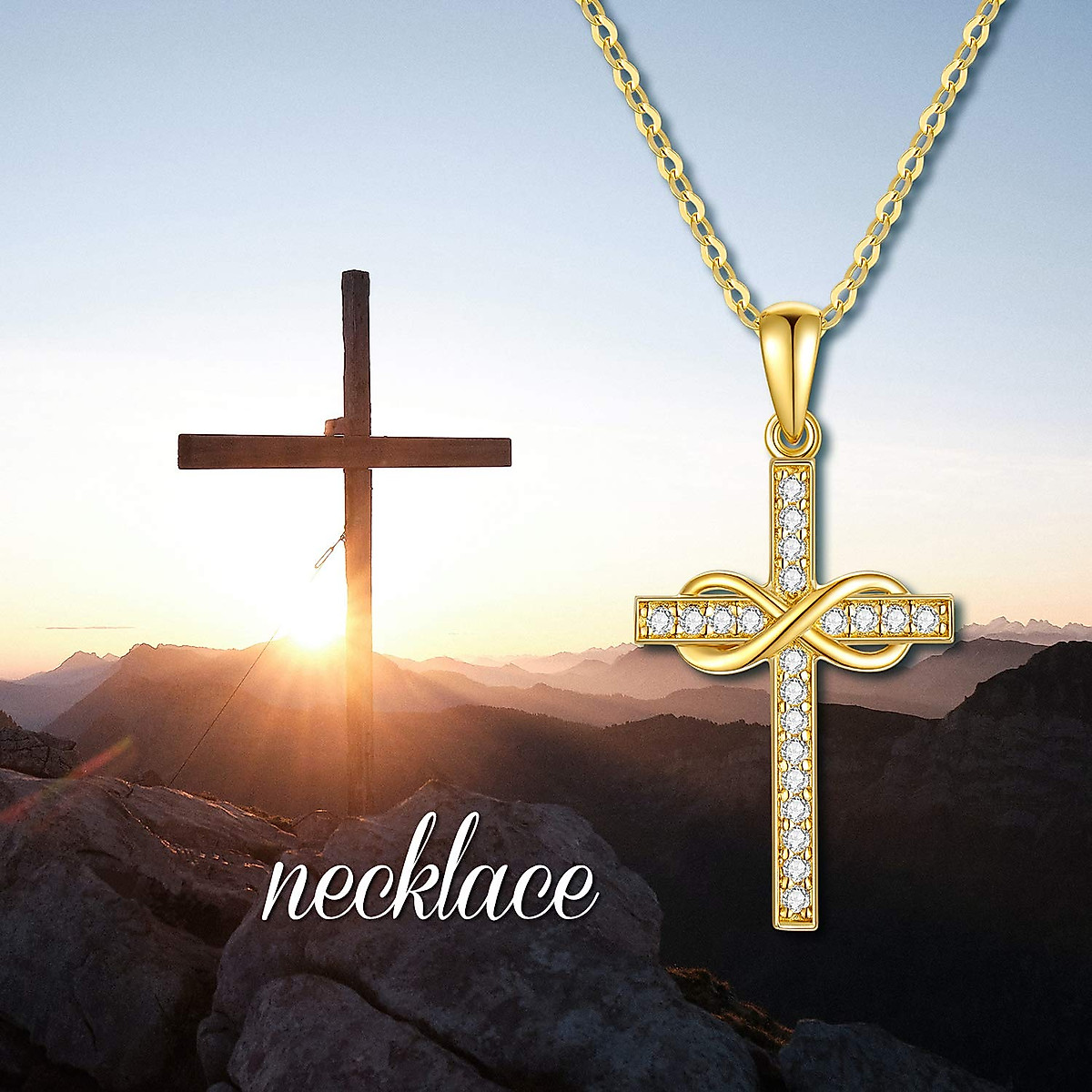14K Gold Cross Necklace for Women, Solid Gold Infinity Cross Pendant Necklace with Cubic Zirconia for Men Friend Mum Sister Her, 16''-18'' (14K Gold)
