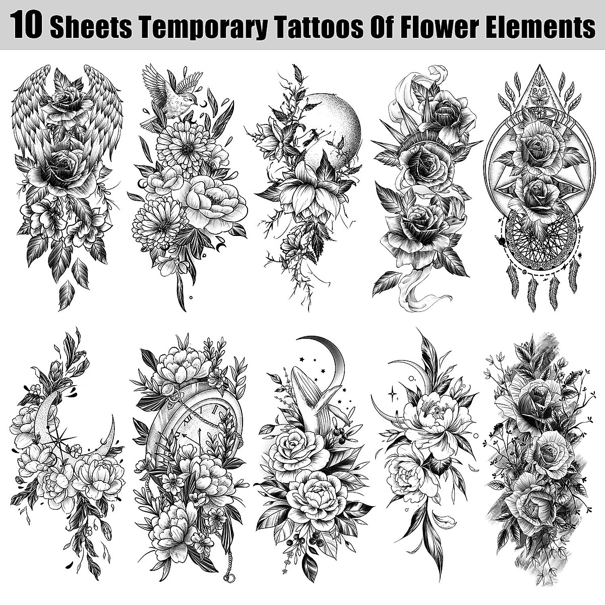 Cerlaza Large Temporary Tattoos for Women Girls, Flower Realistic Long Lasting Arm Half Sleeves Fake Tattoos for Adult, Tatuajes Temporales Women Waterproof Temporary Tattoos Stickers -10 Sheets