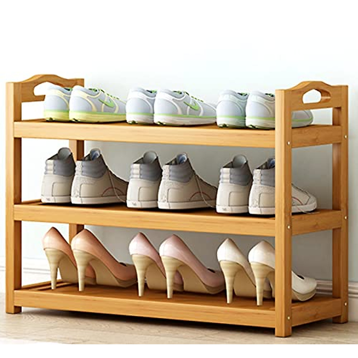 QUMENEY 3 Tier Shoe Rack for Entryway, Bamboo Shoe Rack Organizer Free Standing Sturdy Shoe Shelf, Small Wooden Shoes Rack Doorway Bedroom Living Room Balcony Closet, 27.5 X 9.8 X 20 Inch