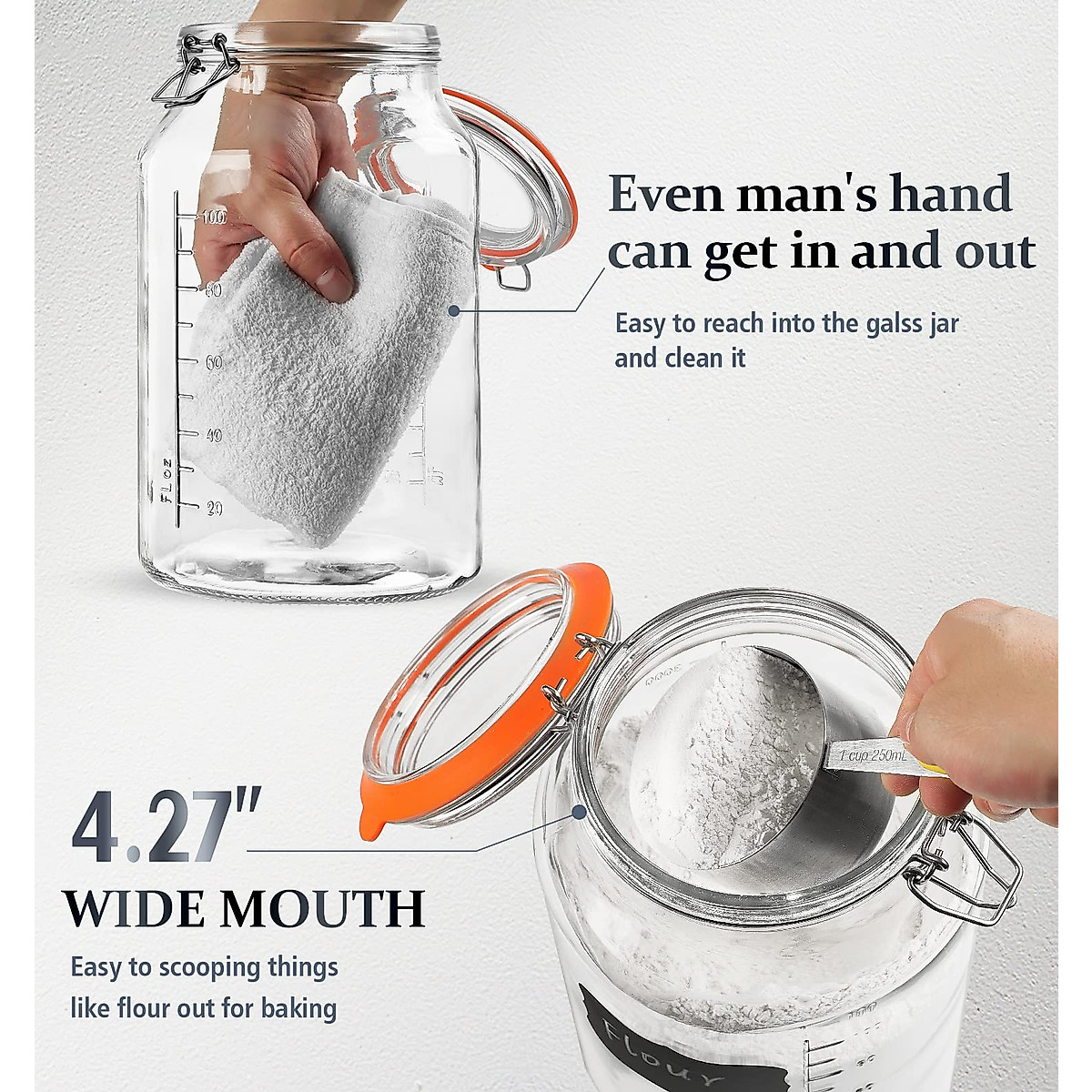 Folinstall Super Wide Mouth Glass Storage Jar with Airtight Lids, 1 Gallon Large Mason Jars with 2 Measurement Marks, Large Capacity for Pickle Jar, Overnight Oats