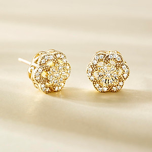 GLOSOLE Gold Stud Earrings for women Trendy, Flower-shaped 14K Gold Earrings Studs Sparkling Zirconia 10mm
