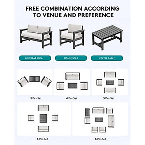 SERWALL 4 Pieces Outdoor Conversation Sofa Set with Cushions, HDPE Outdoor Couch Loveseat Furniture with Side Table All Weather Use for Patio, Balcony, Deck, Poolside, Grey Frame with Khaki Cushions