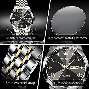 OLEVS Men Watches Business Dress Diamond Analog Quartz Date Luxury Wrist Watch Black Casual Stainless Steel Waterproof Luminous Two Tone Watch for Men