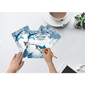 QOFO Ocean Sharks Birthday Party Invitations-Set of 20 With Envelopes,Underwater World Animal Party,Birthday Party Decorations And Supplies-YQC02