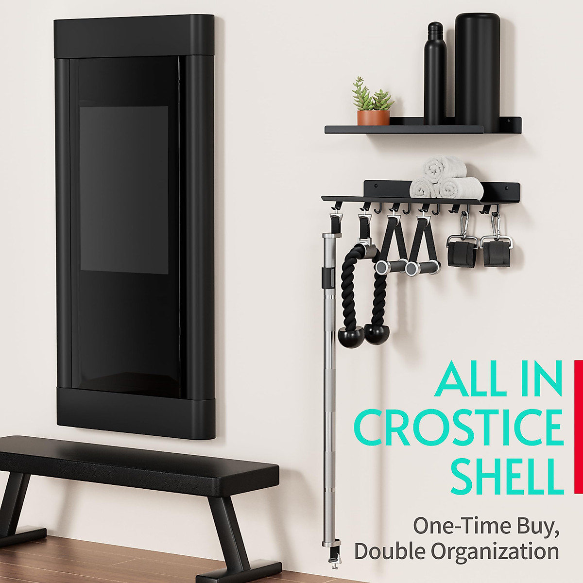Crostice 2-Tier Floating Shelf Compatible with Tonal Accessories, Shelf for Home Gym Storage, Gym Rack Wall Mount Organizer, Workout Metal Shelf Holder, T-Bracket Lock Adapter Hanger, Shelf with Hooks