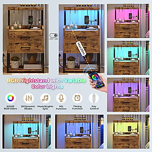 VIAGDO Nightstands Set of 2 with Charging Station, LED Night Stand with 2 Drawers, Rustic Brown Modern Bedside Tables with Open Storage Shelves, End Side Tables for Bedroom, Office