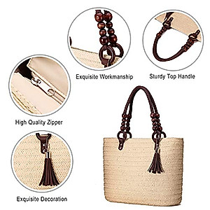 Kadell - Straw Handbag, Summer Beach Bag Women Shoulder Bag Tote Bag Handle Bag Crossbody Bag Shopping Bag Raffia Bag for Work Travel Outdoor School (Beige)