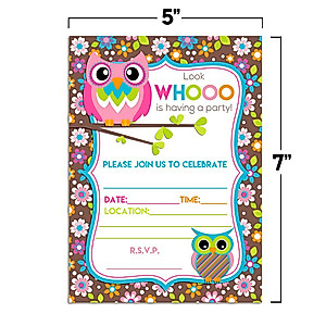 Owl Themed Birthday Party Celebration Invitations 20 5x7 Fill In Cards with Twenty White Envelopes by AmandaCreation Look Whoo is having a birthday!