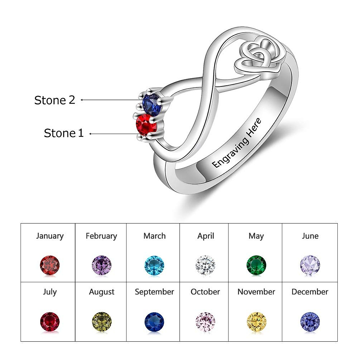 Molywoo Personalized Infinity Symbol Rings Double Hearts Best Friend Promise Rings with 2 Round Shape Simulated Birthstones Engraved Name Rings for Women Love Forever (6)