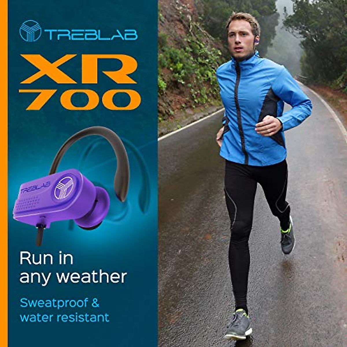 TREBLAB XR700 Wireless Sports Earbuds - Custom Adjustable Earhooks, PRO Running Bluetooth 5.0 Headphones for Athletes. IPX7 Waterproof, Sweatproof, in-Ear Headset, Noise Cancelling Earphones (Purple)