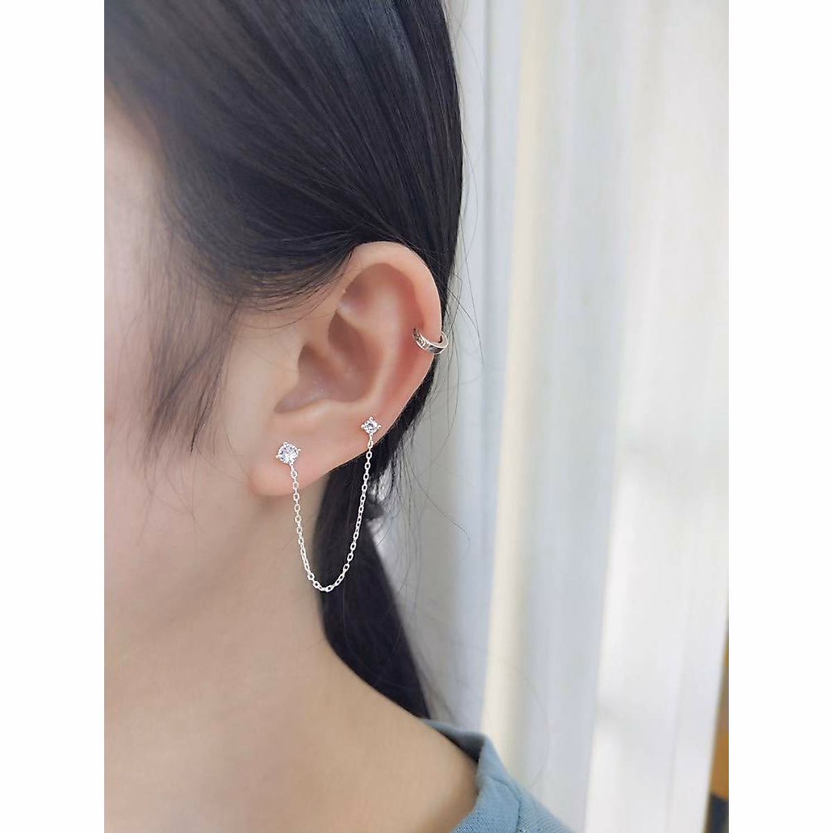 4 Prong CZ Round Stud With Chain Cuff S925 Sterling Silver Earrings for Women Cartilage Double Piercing Holes Fashion Chic Minimalist Climber Crawler Threader Tiny Small Studs Hypoallergenic Gifts (silver)