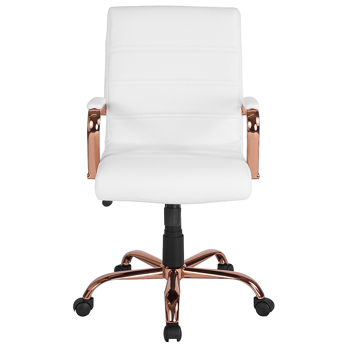 EMMA + OLIVER Mid-Back White LeatherSoft Executive Swivel Office Chair - Rose Gold Frame/Arms