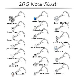 Tornito 20G 20Pcs Nose Ring CZ Nose Stud Retainer Screw Labret Nose Piercing Jewelry Set Stainless Steel Silver Tone