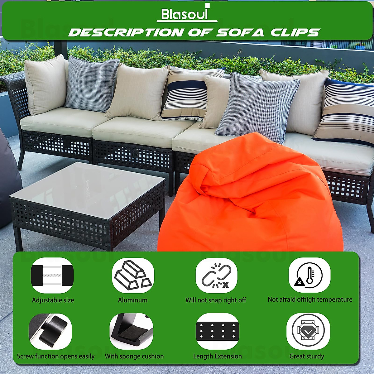 Blasoul Adjustable Patio Furniture Clips(Suit for Tube Width Within 4" & Length Within 5") 2pcs Aluminum Alloy Clips&2 Plate,Without Damaging Rattan and Easy to Keep Furniture Together