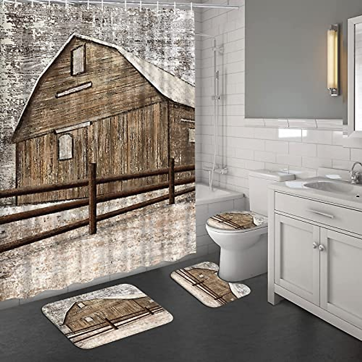 SiMiWOW Rustic Farmhouse Barn Shower Curtain Set with Bath Mat Bath Rugs Bathroom Decor Set of 4 Pieces