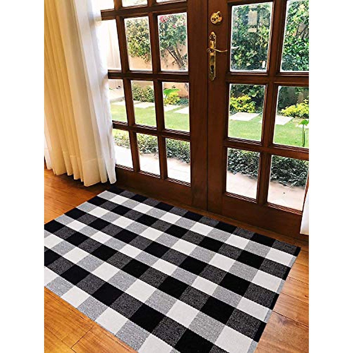 SHACOS Large Cotton Area Rug 4'x6' Black White Plaid Cotton Woven Rug for Living Room Bedroom Doorway (4' x 6', Black White)