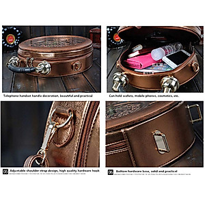 Alarm Clock Handbag Real Working Women Fashion Diagonal Shoulder Bag Leather Vintage Clock Round Box Personalized SteamPunk Style Messenger bag (A)