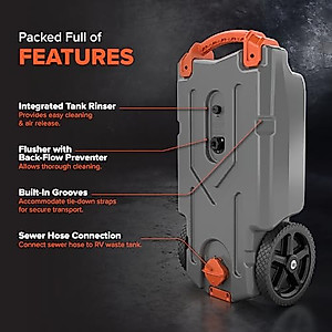 Camco Rhino 15-Gallon Portable Camper / RV Tote Tank - Features Large Heavy-Duty No-Flat Wheels & Low Drain Hole - Includes Removable Steel Tow Adapter, 3’ RV Sewer Hose & More RV Accessories (39000)