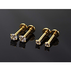 16G Clear CZ Labret Monroe Lip Ring Tragus Nail Helix Earring Stud Piercing Jewelry Surgical Stainless Steel 2mm 3mm CZ 8mm Bar 4-8 Pcs (2 Pairs Yellow Gold - Bar 8mm; CZ:2-3mm)