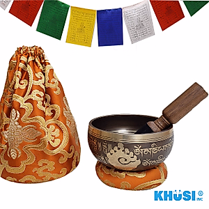 Khusi 4.5 Inch Tibetan Singing Bowl Set, Handmade, Decorative Chakra Bowl for Mindfulness, Wisdom Eye Mantra Engraved, Comes w/Silk Cushion, Leather Mallet and Carry Pouch