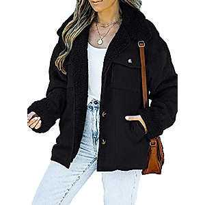 Dokotoo 2024 Autumn Winter Corduroy Trucker Jacket Coat for Women Turn-Down Collar Button Down Long Sleeve Soft Sherpa Lined Thick Solid Loose Fit Winter Outwear Black XL
