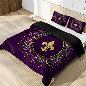 Wu5dra Duvet Covers Set Queen Size Mardi Gras Golden Glitter Fleur De Lis - Soft and Breathable Microfiber Comforter Bedding Set with Zipper Closure for Kids Women Men, 1 Duvet Cover 2 Pillowcase