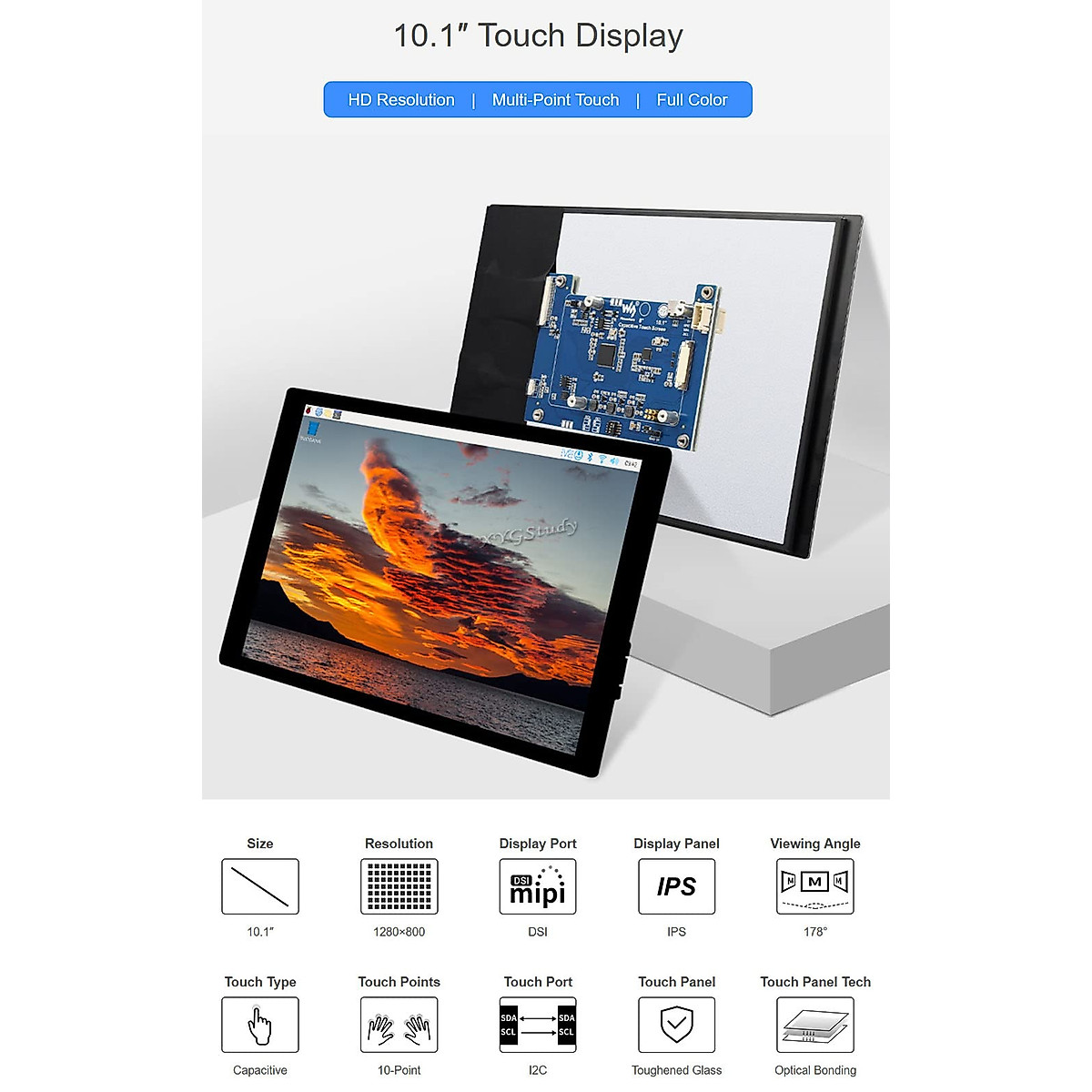 10.1inch IPS DSI Capacitive 1280×800 Touch Optical Display Panel Screen for Raspberry Pi 4B/3B+/3A+, CM3/3+/4 @XYGStudy (10.1inch DSI LCD (C))