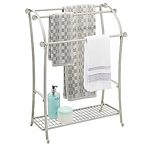 mDesign Large Standing Metal Bathroom Towel Holder Stand with Shelf - 3-Tier Towel Rack Stand for Hanging Bath, Hand, and Fingertip Towels - Towel Stand for Bathroom - Hyde Collection - Matte Satin