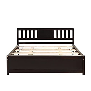 Prohon Queen Size Platform Bed Frame with Horizontal Strip Design Headboard, Strong Wooden Slat Support with Large Underbed Storage Space, Simple Style Bedframe for Kids, Teen, Adults, Espresso
