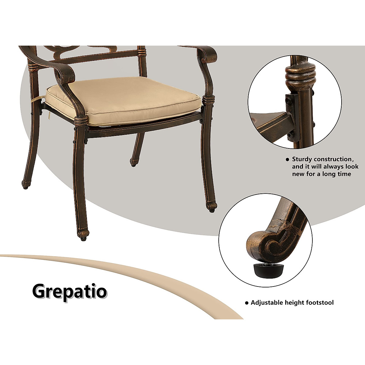 2 Piece Outdoor Dining Chairs, Cast Aluminum Dining Chairs Set of 2, Patio Bistro Chairs Set with Cushions for Patios, Gardens, Pools, Terraces (Flower Design with Khaki Cushion)