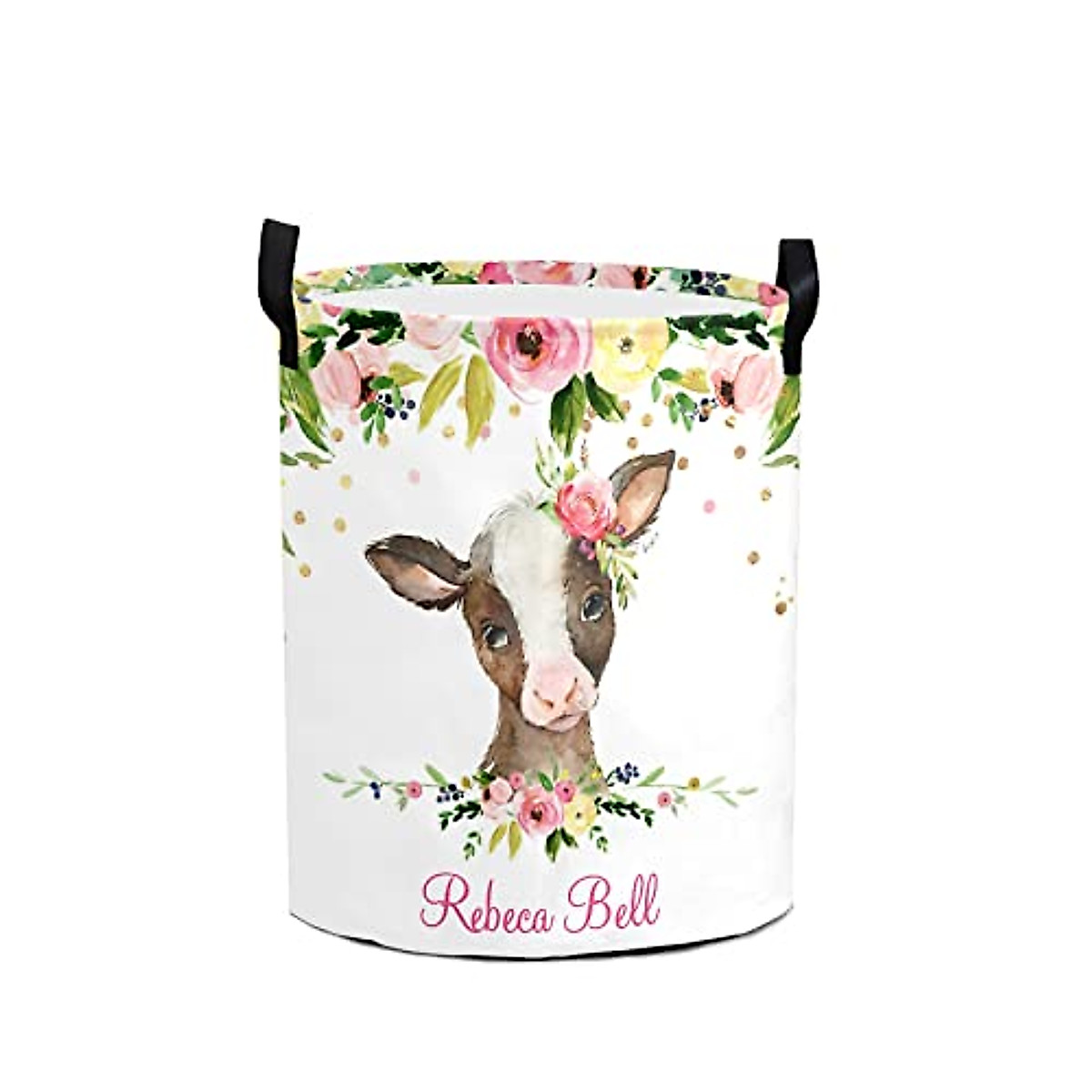 Girl Farm Cow Floral Personalized Laundry Hamper with Handles Waterproof,Custom Collapsible Laundry Bin,Clothes Toys Storage Baskets for Bedroom,Bathroom Decorative Large Capacity 50L