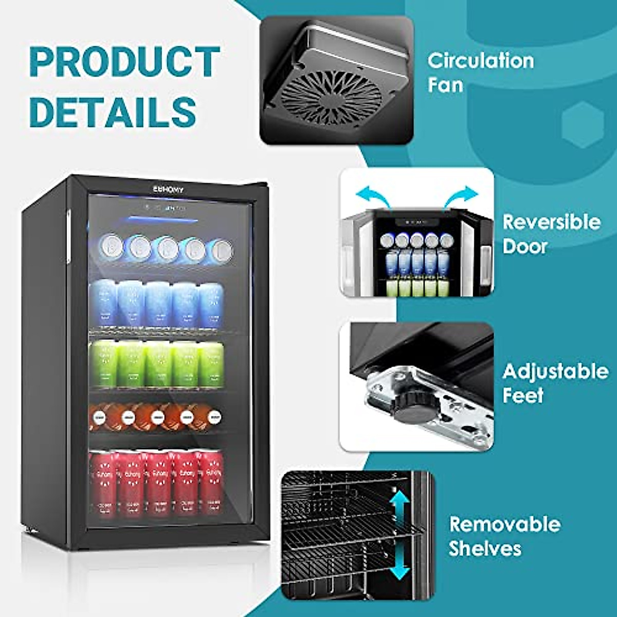 EUHOMY Beverage Refrigerator and Cooler, 126 Can Mini fridge with Glass Door, Small Refrigerator with Adjustable Shelves for Soda Beer or Wine, Perfect for Home/Bar/Office, Mini Refrigerators (Black)
