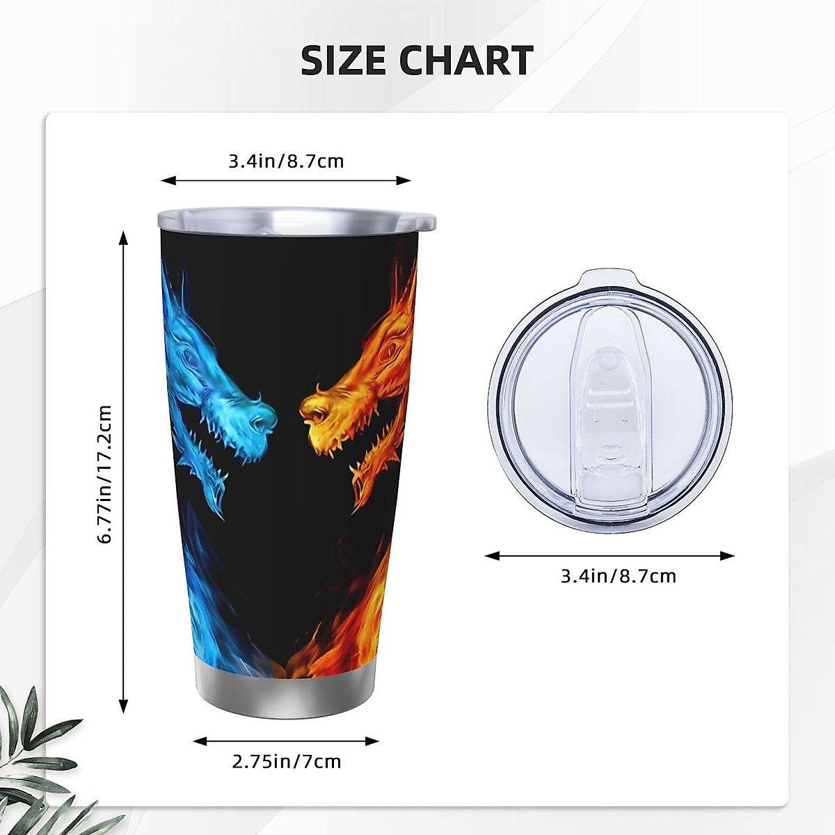 Groamaup 20oz Dragon Stainless Steel Insulated Tumbler with Lid and 3pcs Straw Sets, Water and Fire Car Cup for Cold and Hot Drinks, Coffee Mug for Travel Office and Home Use