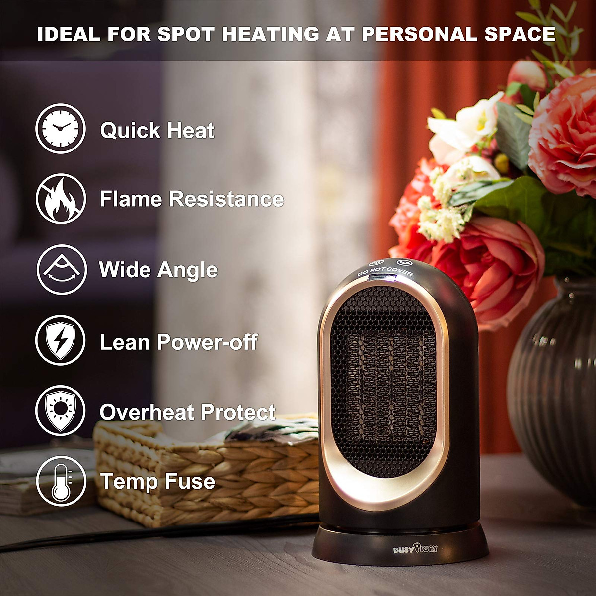 BUSYPIGGY Portable Electric Space Heater, 600W ETL Certified Ceramic Personal Foot Heater, Desk heater,Oscillating Heater with Tip-Over and Overheat Auto Shut Off, Heaters For Indoor Space Use (Gold)