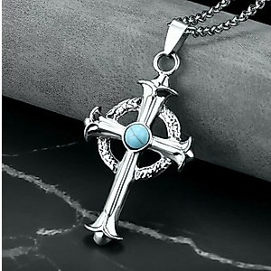 Vintage Turquoise Silver Celtic Cross Pendant Necklace Stainless Steel Chain 24"