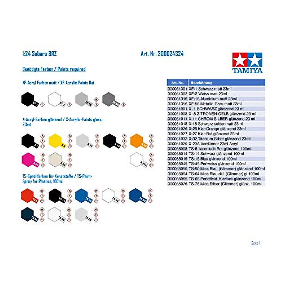 Tamiya 24324 1/24 Subaru BRZ Plastic Model Kit