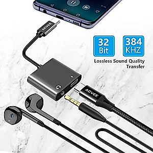 AGVEE USB-C to 3.5mm Headphone Adapter, Type-C Aux Jack Earbuds Splitter, USBC Audio TRRS Mic Earphones Dongle, PD 30W Charging Converter for Samsung S21 S20, Note 20 10, Pixel 2 3 4 XL, Gray