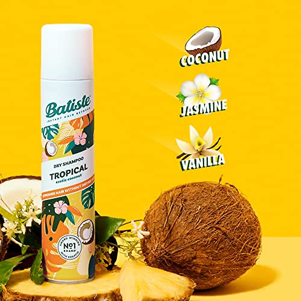 Batiste Dry Shampoo, Tropical Fragrance, Refresh Hair and Absorb Oil Between Washes, Waterless Shampoo for Added Hair Texture and Body, 6.35 OZ Dry Shampoo Bottle