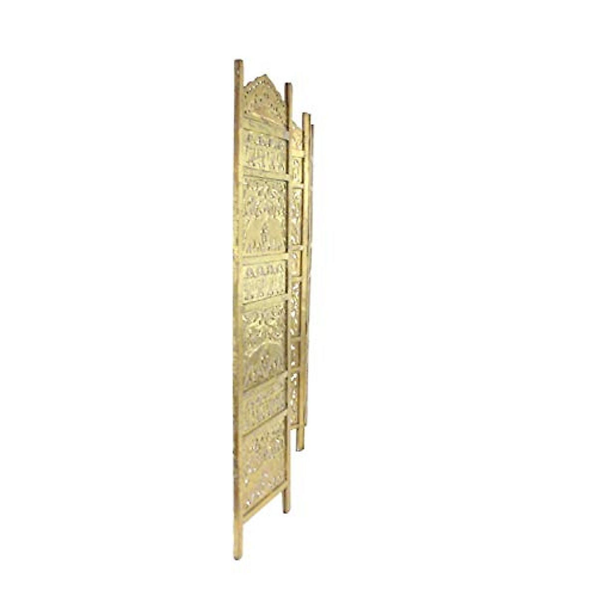 Deco 79 Wooden Scroll Handmade Partition Room Divider Screen Hinged Foldable Partition 4 Panel Privacy Screen with Carved Elephant Accents, Room Partition 80" x 1" x 72", Gold