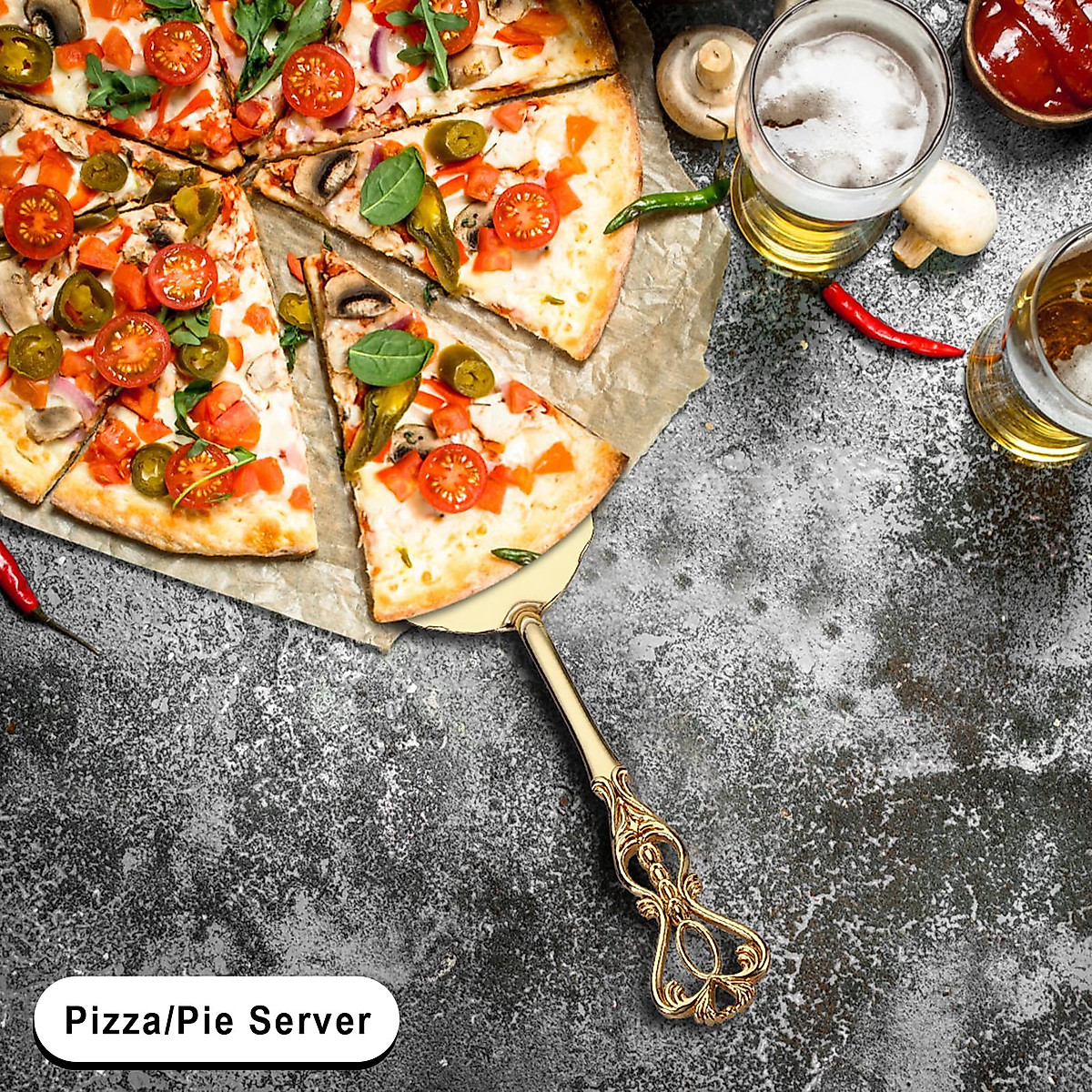 BSTKEY Gold Cake Knife and Server Set, Cake Pie Pastry Servers Crown Shape Handle Vintage Cake Serving Set for Wedding Birthday Parties Anniversary Christmas and Events